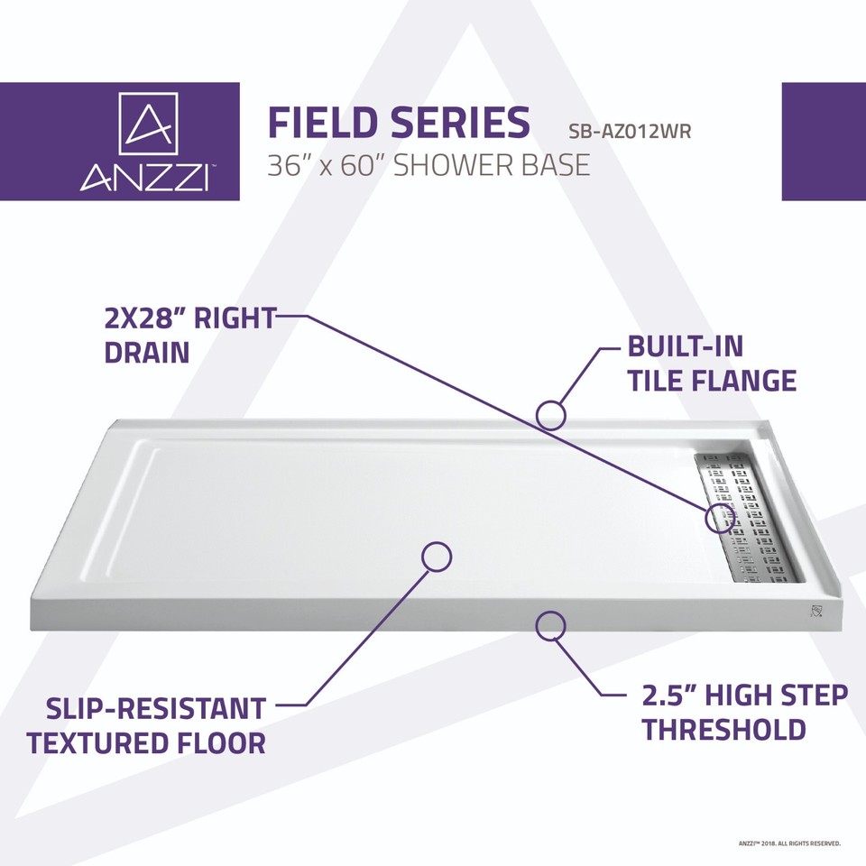 ANZZI Field 60x36 in. Corner Shower Base Right Drain Glossy White ...