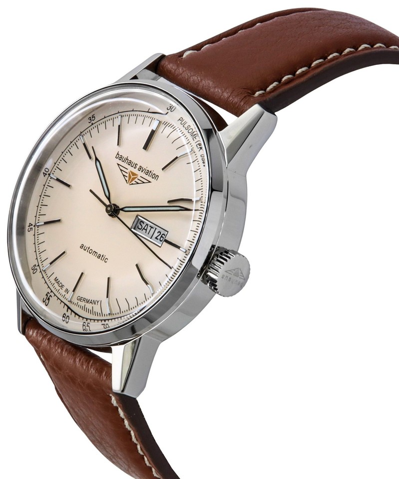 Bauhaus Aviation Leather Strap Beige Dial Automatic 23665 100M Men's ...