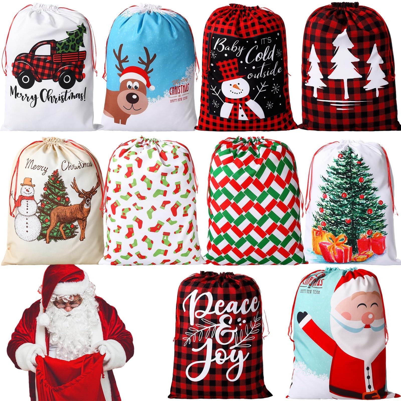 Kajaia 10 Pcs Large Christmas Santa Drawstring Gift Bag, 27.6 x 19.7 ...