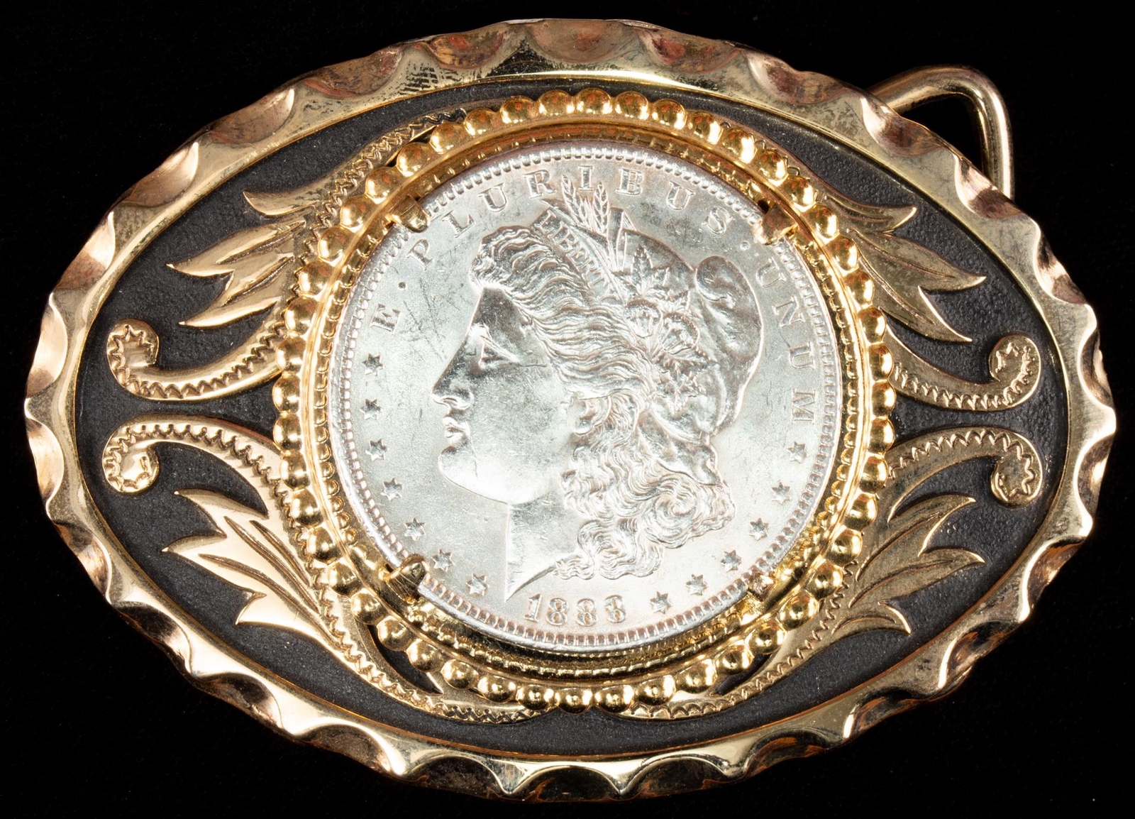 1888 Morgan Western Silver Dollar Belt Buckle Gold on Black Colors 3 1/ ...