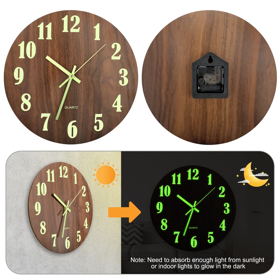 12'' Wall Clock Large Luminous Quartz Night Light Glow In The Dark ...