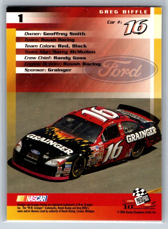 2003 Press Pass Trackside Greg Biffle Roush Racing #1 | eBay