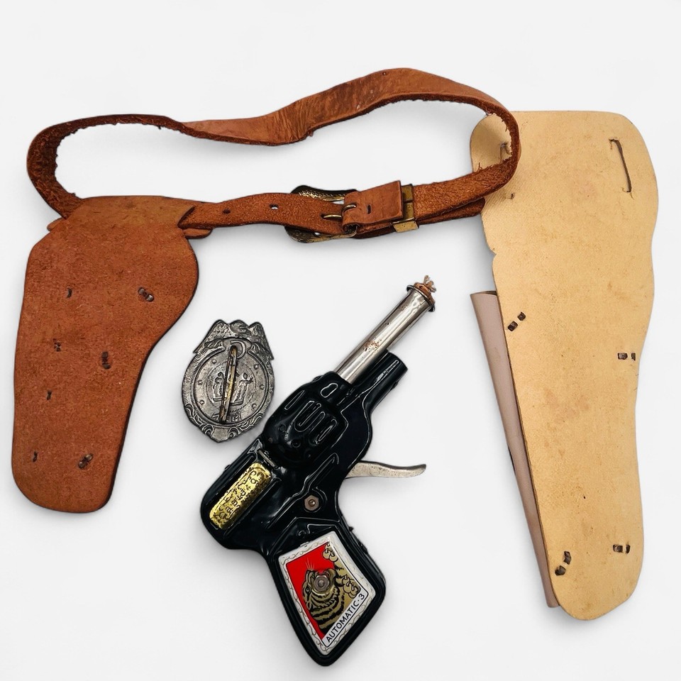 Vintage Cowboy Toy Cap Gun Leather Holster Belt Cork G Man Badge Lot | eBay