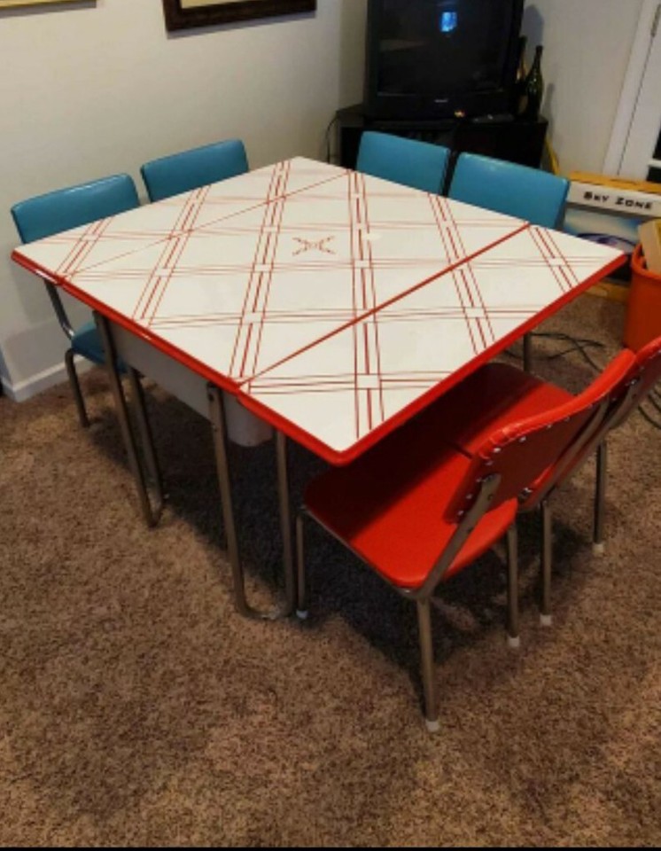 Retro 50s Table Chairs Set Red White Blue Enamel Top Extra Leafs Pick ...