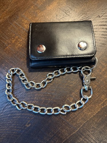 Black Leather Chain Wallet Biker Trucker Wallet Heavy Duty Chain | eBay