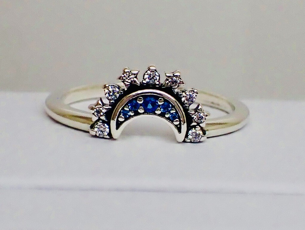 Authentic Pandora Celestial Blue Sparkling Moon Ring #192675C01-56 Size ...