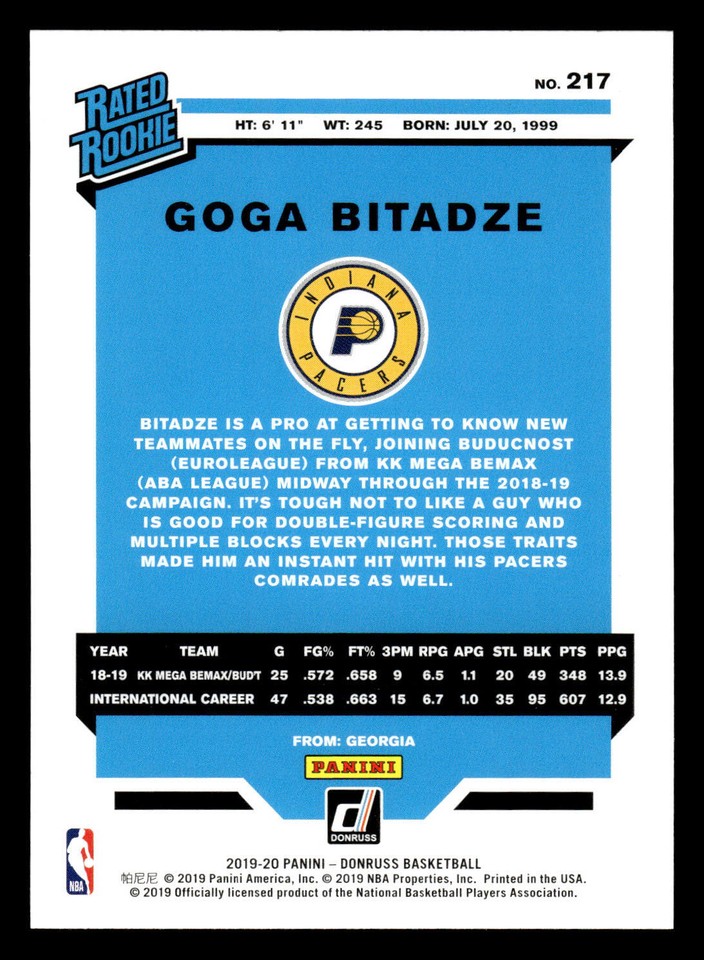 2019-20 Panini Donruss Goga Bitadze RC Rookie #217 | eBay