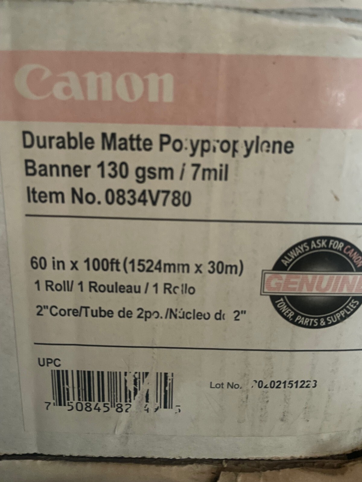 Canon Durable Matte Polypropylene Banner 60" x 100' Roll 0834V780 for ...
