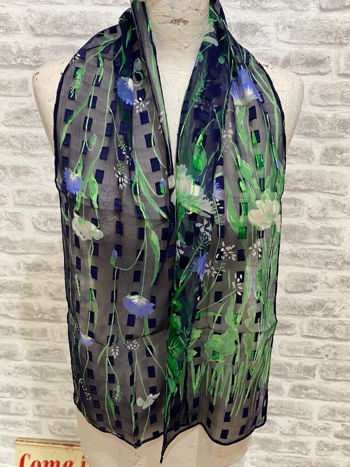 Chiffon cravat scarf sheer navy floral boho wispy accent oblong S595 ...