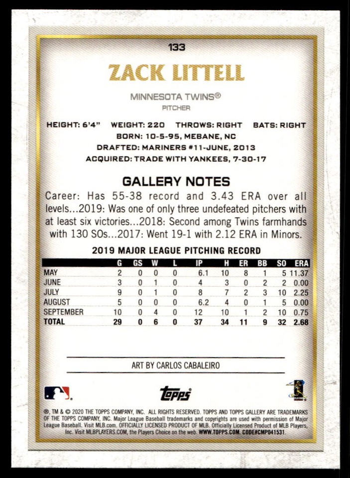 2020 Topps Gallery 133 Zack Littell Minnesota Twins Baseball Card | eBay