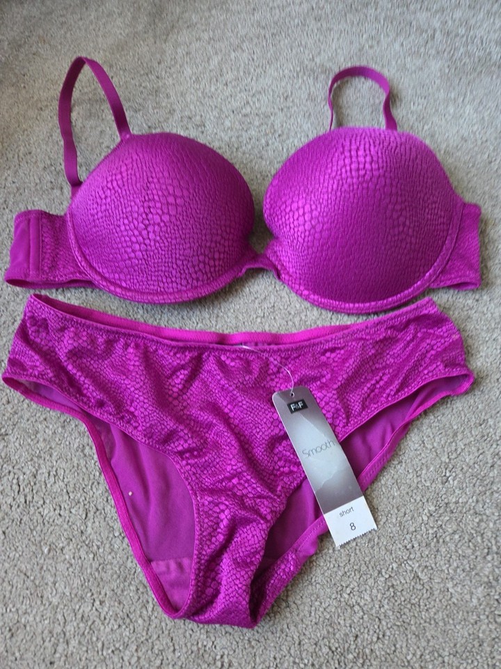 Brand New Bra & Briefs Set size 34C Bra Cup Size 8 Knickers Hot Purple ...