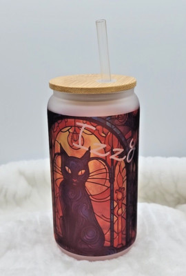 Izzy The Black Cat 16 oz Glass Can Tumbler with Bamboo Lid and Straw | eBay