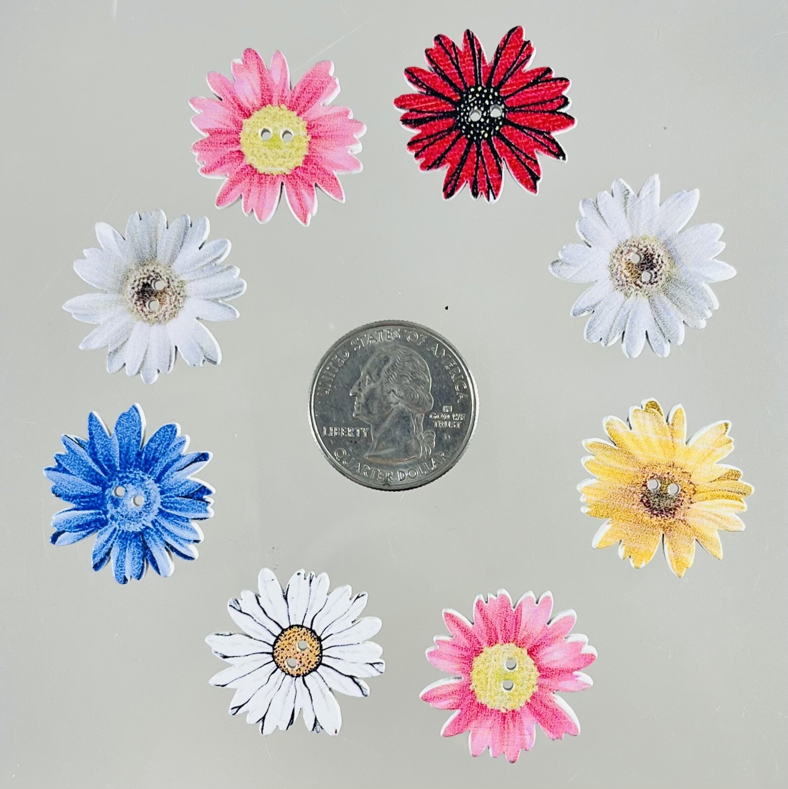 Lot of 8 wooden Daisy buttons, beautiful colorful, two hole, sewing ...