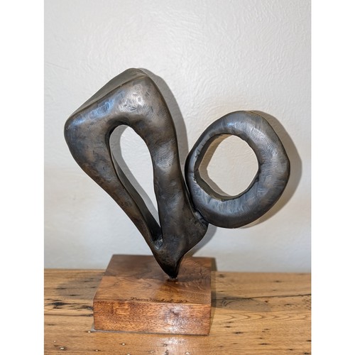 Modern Abstract Metal Sculpture on Wood Base Signed Gene Michieli '90 ...
