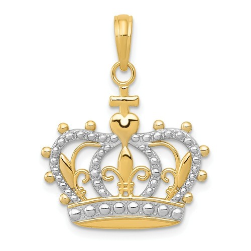 14k Oro Giallo E Rodio Lucidato Giglio Decorato Corona Ciondolo per ...