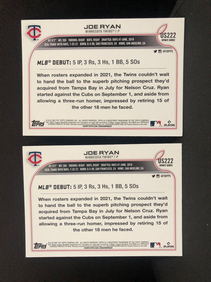 2022 Topps Silver Foil Rookie Debut Joe Ryan #US222 & Base RC #US222 ...