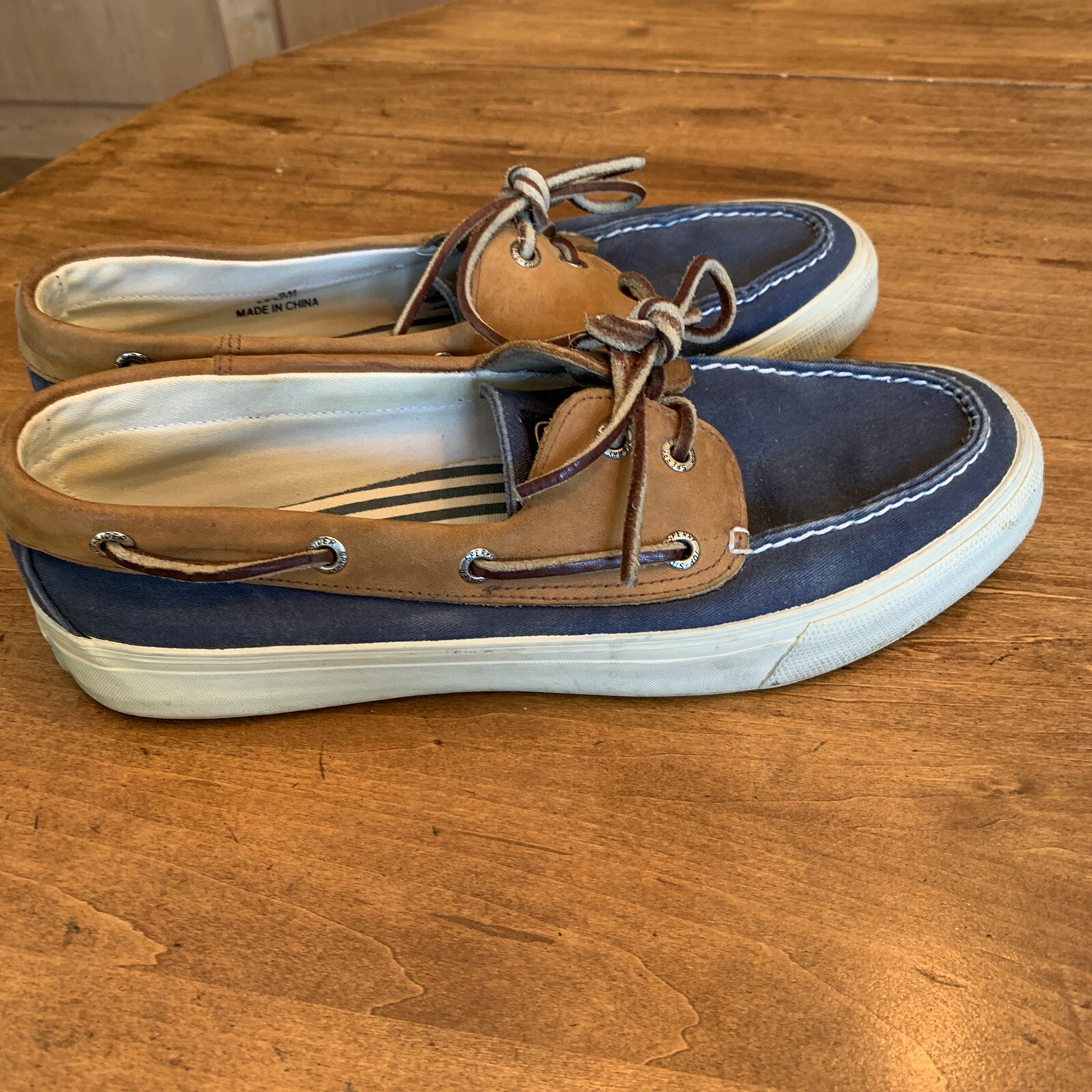 mens sperry topsider blue canvas with tan leather tri… - Gem