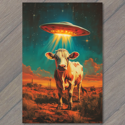 FLATCARD UFO Abducting Cow Retro Sci-Fi Artwork Glow Stars Rural Field ...
