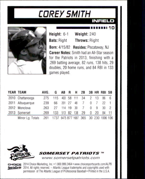2014 Somerset Patriots Choice 10 Corey Smith Piscataway New Jersey ...