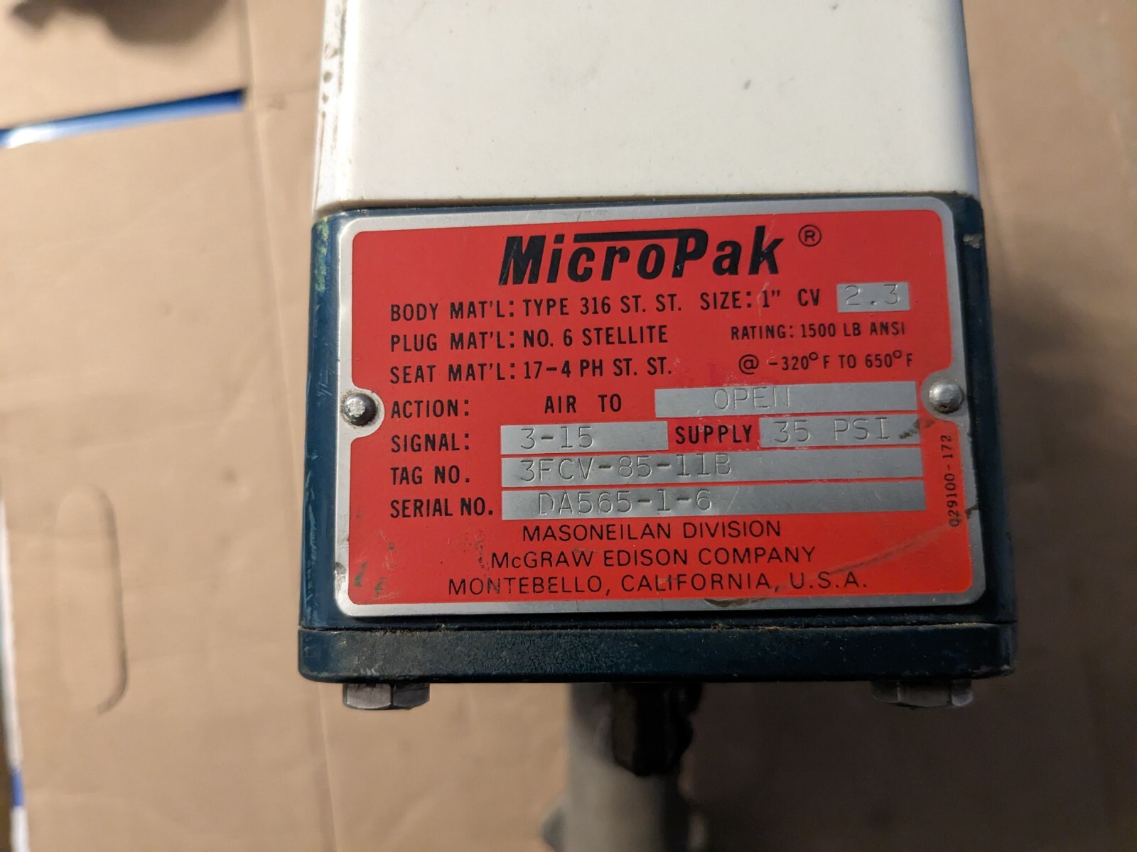 MASONEILAN MICRO PAK CONTROL VALVE 1" CV 2.3 FACTOR NEW EXCESS WAREHOUSE STOCK | eBay