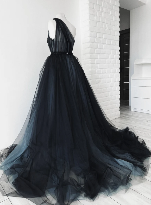 Gothic Full black Ash Blue Wedding Dresses Glitters Tulle A Line Bridal ...