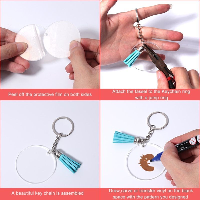 Acrylic Clear Discs Keychain Set Key Ring Leather Tassel Pendant DIY ...
