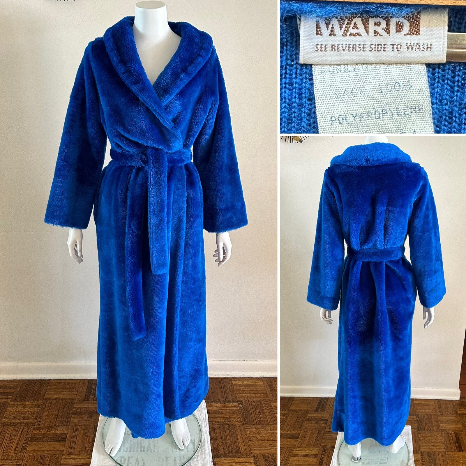 1970s Montgomery Ward Electric Blue Fuzzy Shag Robe H… - Gem