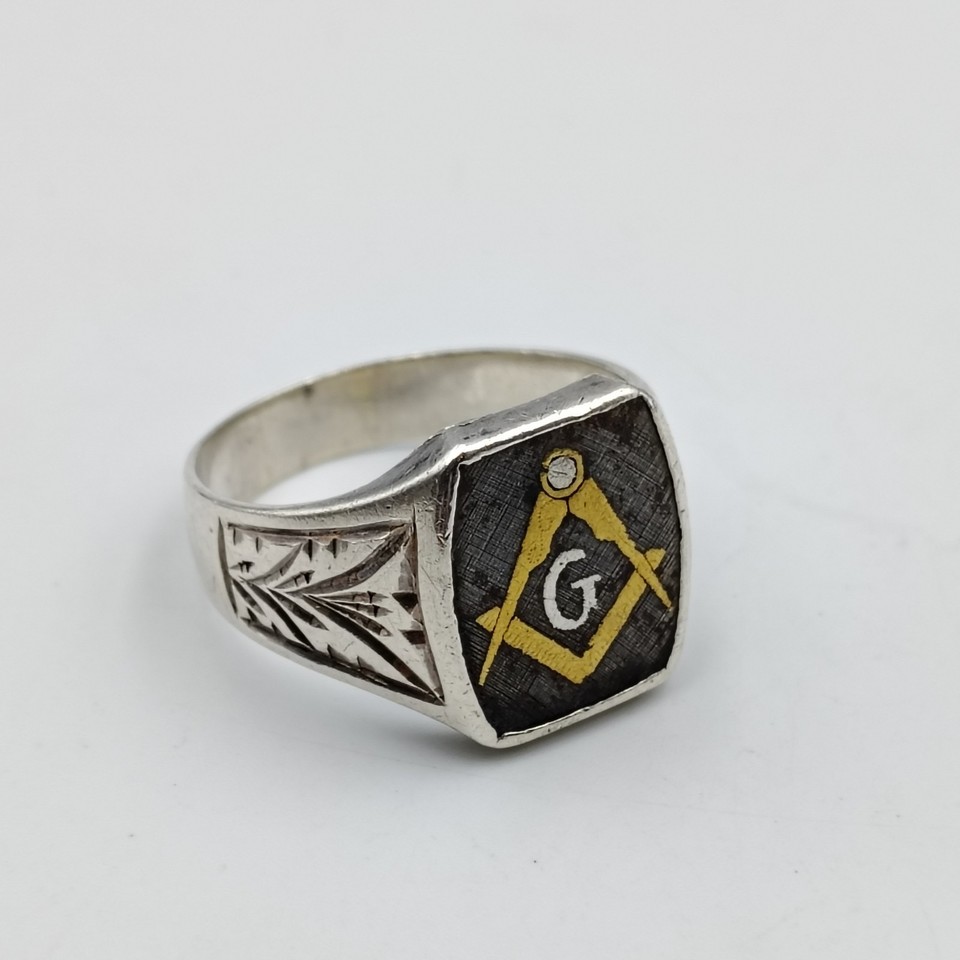 Vintage/Antique 900 Silver Iron Inlay Masonic Freemason Signet Ring Sz ...