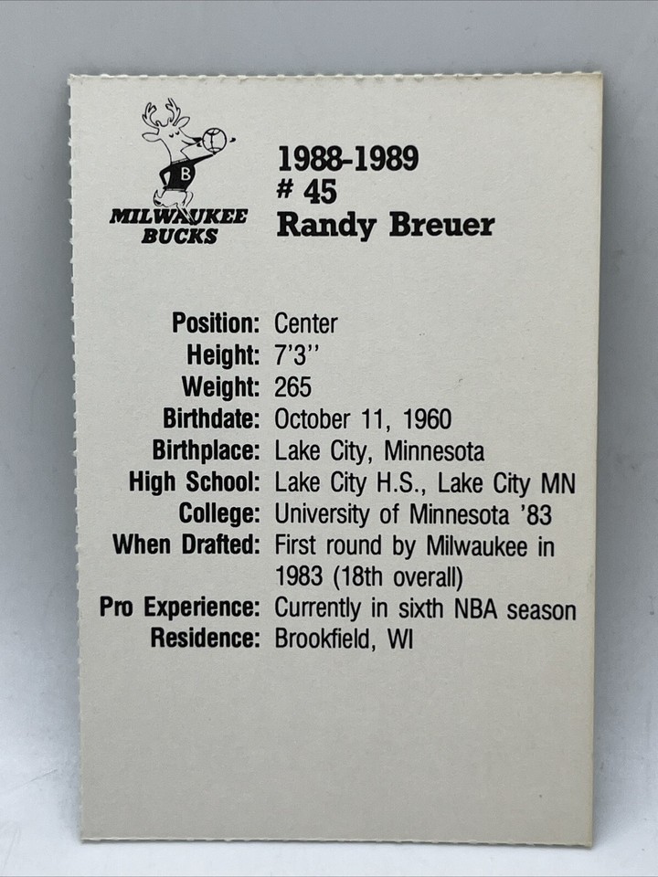 Very Rare Randy Breuer 1988-1989 Milwaukee Bucks Green Border SP Arena ...