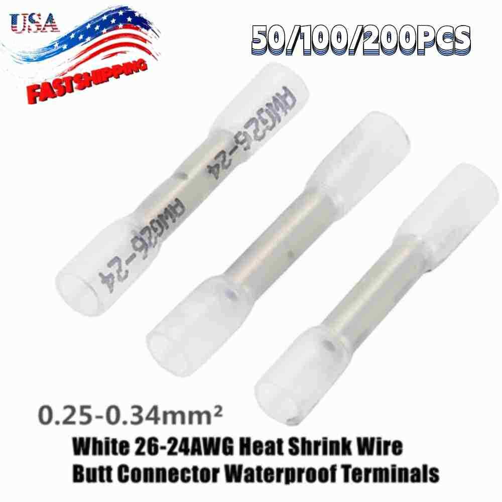 White 50-200Pcs Heat Shrink Butt Wire Connectors Crimp Terminal AWG 26 ...