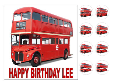 London Bus edible 7.5 inch Square Iced Cake Topper +8 cupcake toppers ...