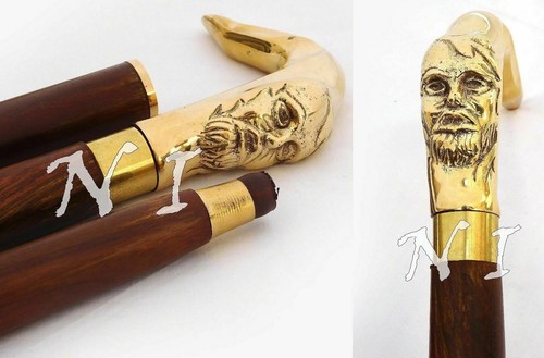 Brass Nautical Polish Plated Human Face Handle W/Walking Stick Shaft ...
