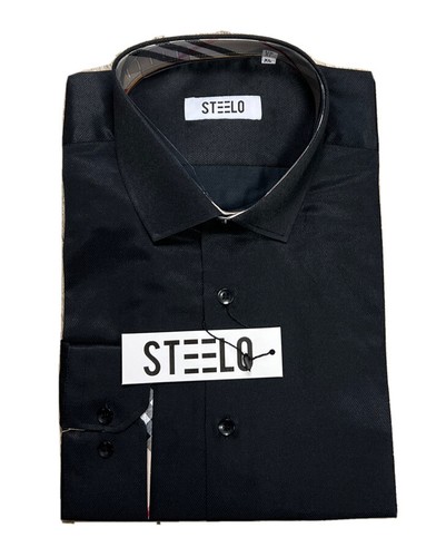 Men STEELO SOLID BLACK Long Sleeve Button Up Dress Shirt SILKY ABSTRACT ...
