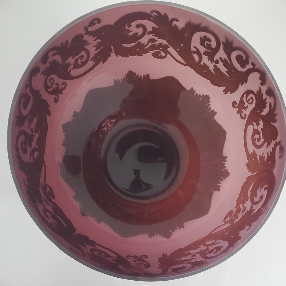 Acid Etched MCM Burgundy Red Cameo Art Glass Bowl Acanthus Leaves ...
