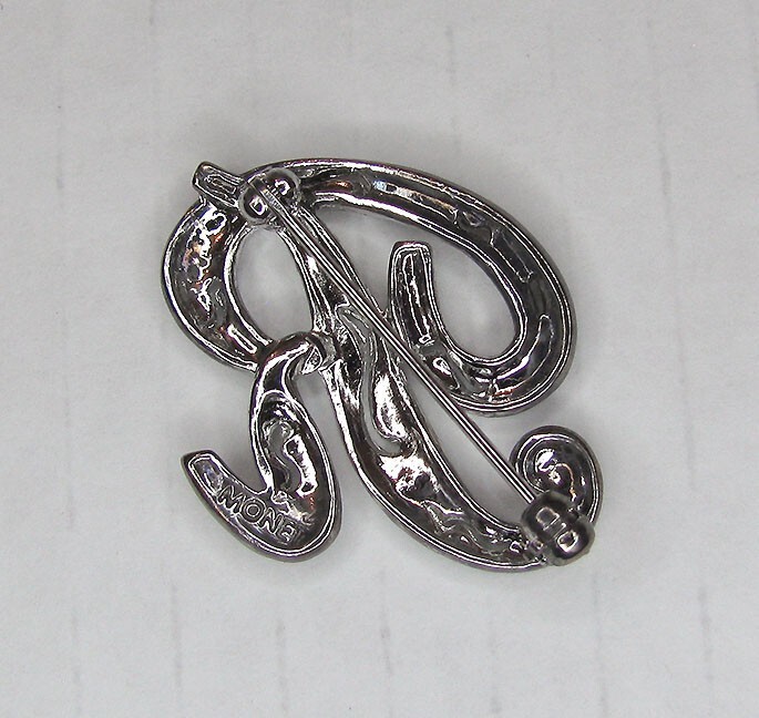 Vintage Signed Monet Rhinestone Cursive Initial R Letter Silver Tone ...