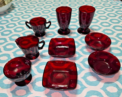 9 PIECES OF VINTAGE RUBY RED GLASSWARE CREAM AND SUGAR GLASSES DISHES ...