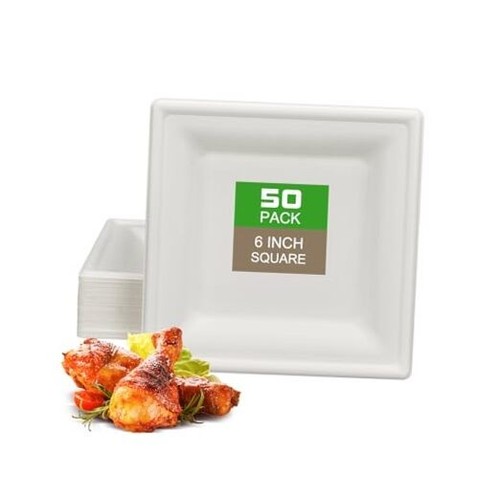 50 Pack Disposable Square Paper Plates, 100% Bagasse Nature 6" White | eBay