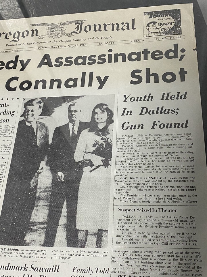 1963 Original Front Page Newspaper Kennedy Assassinated; Gov. Connally ...