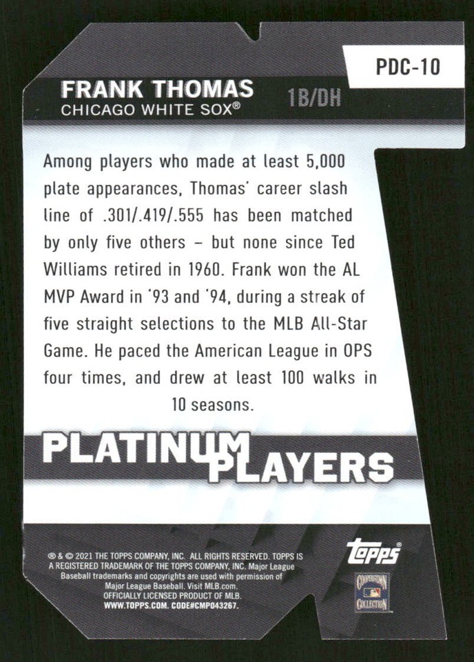 2021 Topps Frank Thomas Platinum Players Die Cut #PDC-10 Card | eBay
