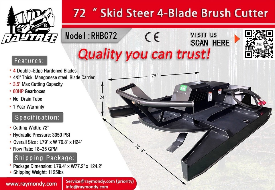 Ray Tree Brush Cutter 72" Heavy Duty 4 Blade Attachment Skid Steer ...