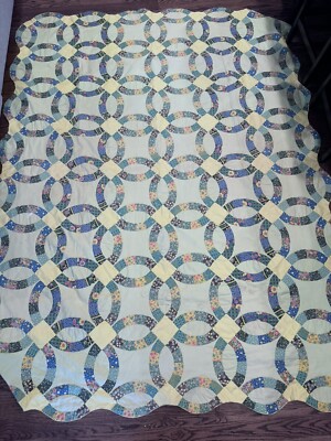 VTG ANTIQUE ORIGINAL HANDMADE DOUBLE WEDDING RING PATTERN QUILT 75x100 ...