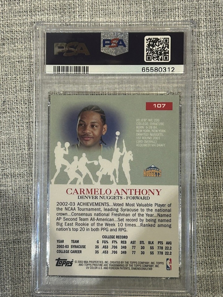 2003-04 Topps Pristine 107 Carmelo Anthony Rookie Card PSA 10 Gem MINT ...