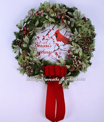 CHRISTMAS WREATH, RED CARDINAL WREATH, SEASONS GREETINGS WREATH, RED ...