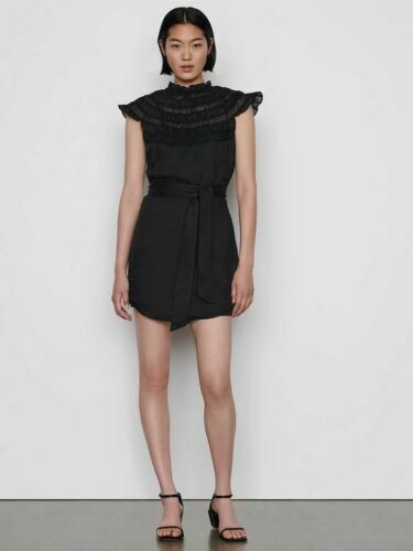 🖤 FRAME Black Lace Inset High Mock Neck Cap Sleeve Ramie LBD Mini Dress ...