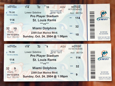 Two 2004 Miami Dolphins vs St. Louis Rams Full Tickets. Seated Pair ...