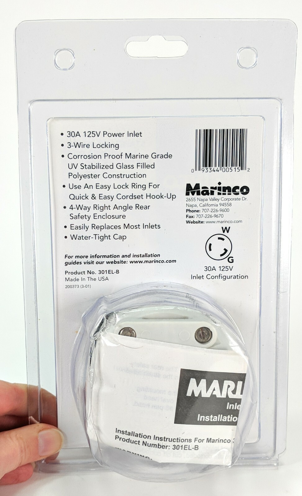 Marinco 301EL-B 30 AMP 125V Standard Power Inlet RV Power UL Listed ...