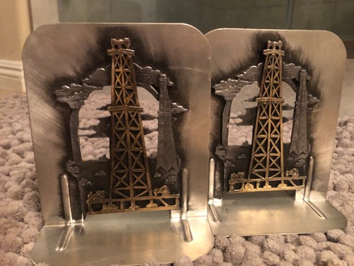 Vintage Metzke Pewter Bookends Oil Supply Silver, Gold Accent USA 1980 ...