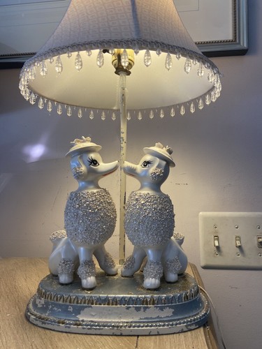 Rare Vintage double POODLE Lamp White Spaghetti Metal Base, beaded ...