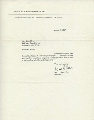 WILLIAM BILL LEAR Autographed Inscribed Signed Typed Letter TLS Lear ...