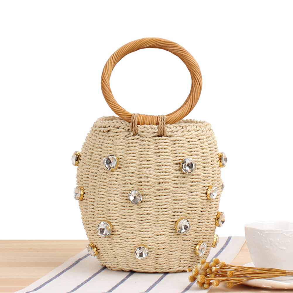 Women Ladies Handbags Woven Rhinestone Straw Clutch Bag Fashion Summer ...